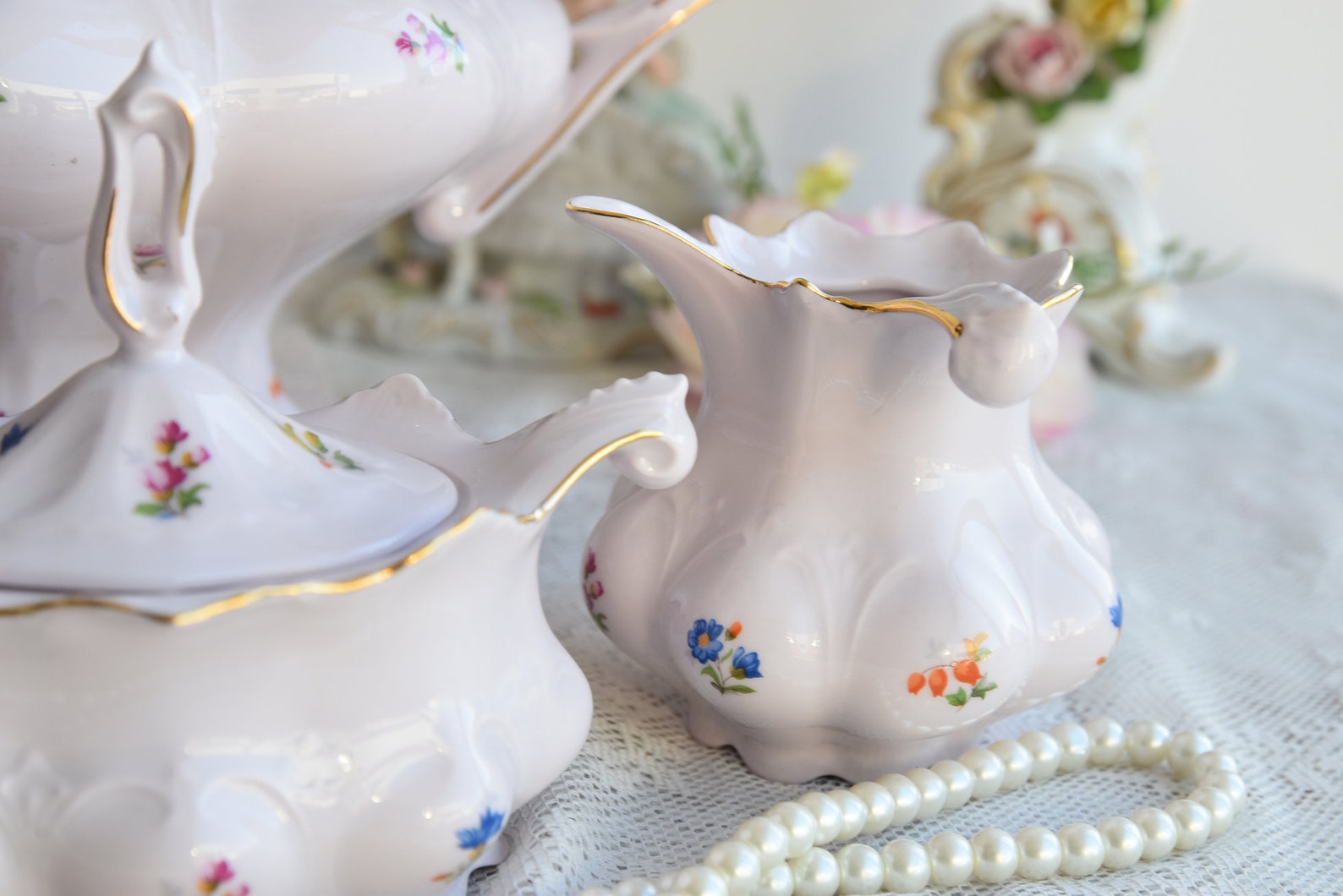 Vintage Pink China Tea Set, Pink Porcelain Tea Set With Tea Pot, Floral ...