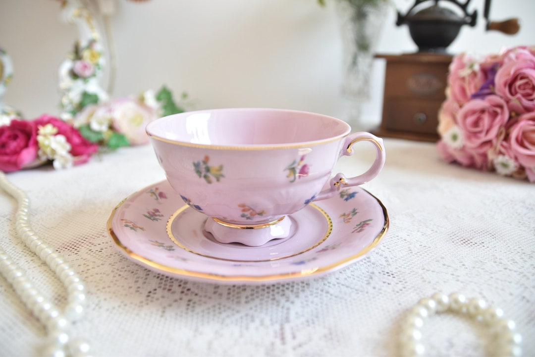 Pink Porcelain Tea Cups and Saucers With Colorful Flowers, Vintage Pink ...