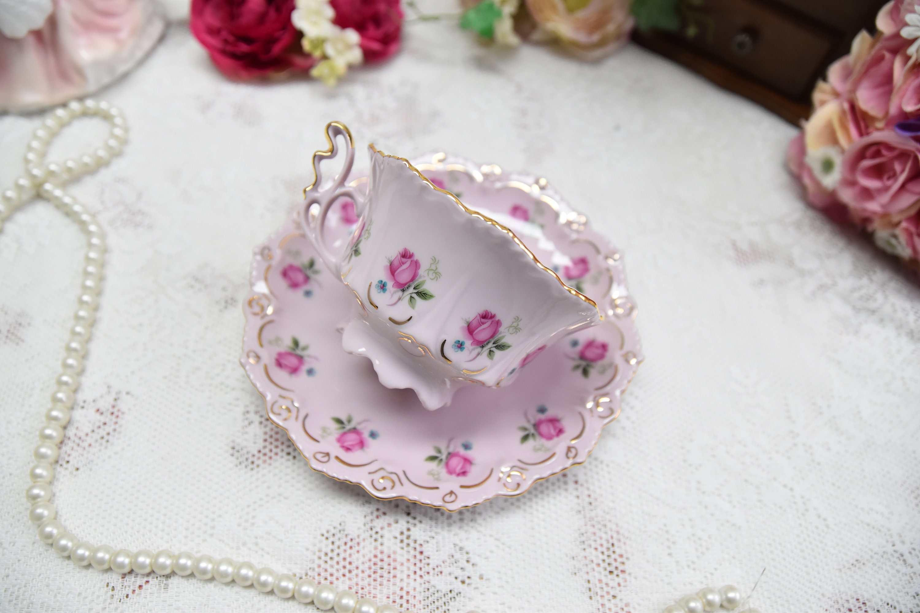 Elegant Pink Porcelain Tea Cup and Saucer With Gold Trim - Etsy
