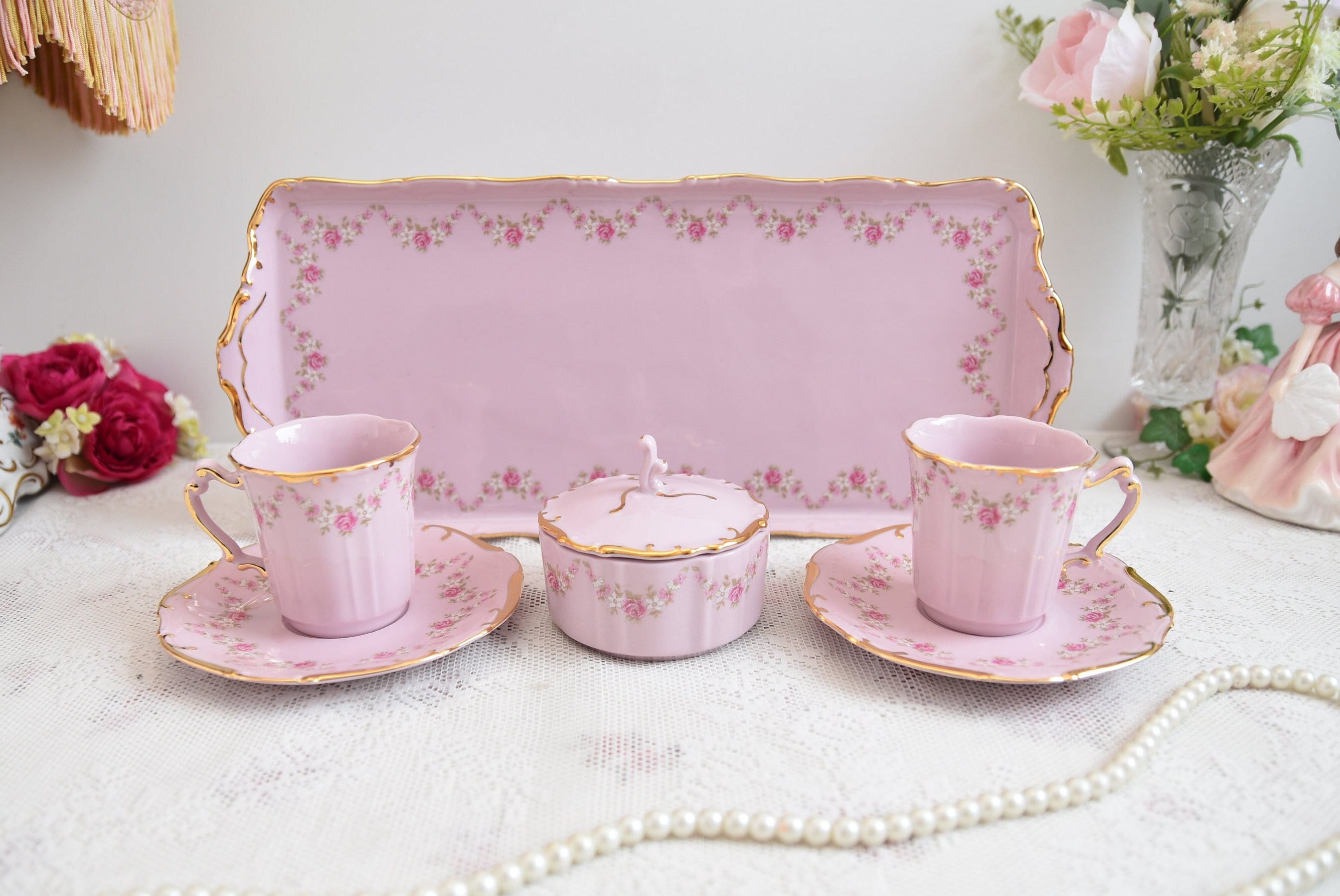 Pink Porcelain TV Set for Two, Tea Set Vintage Porcelain Slav Porcelain ...