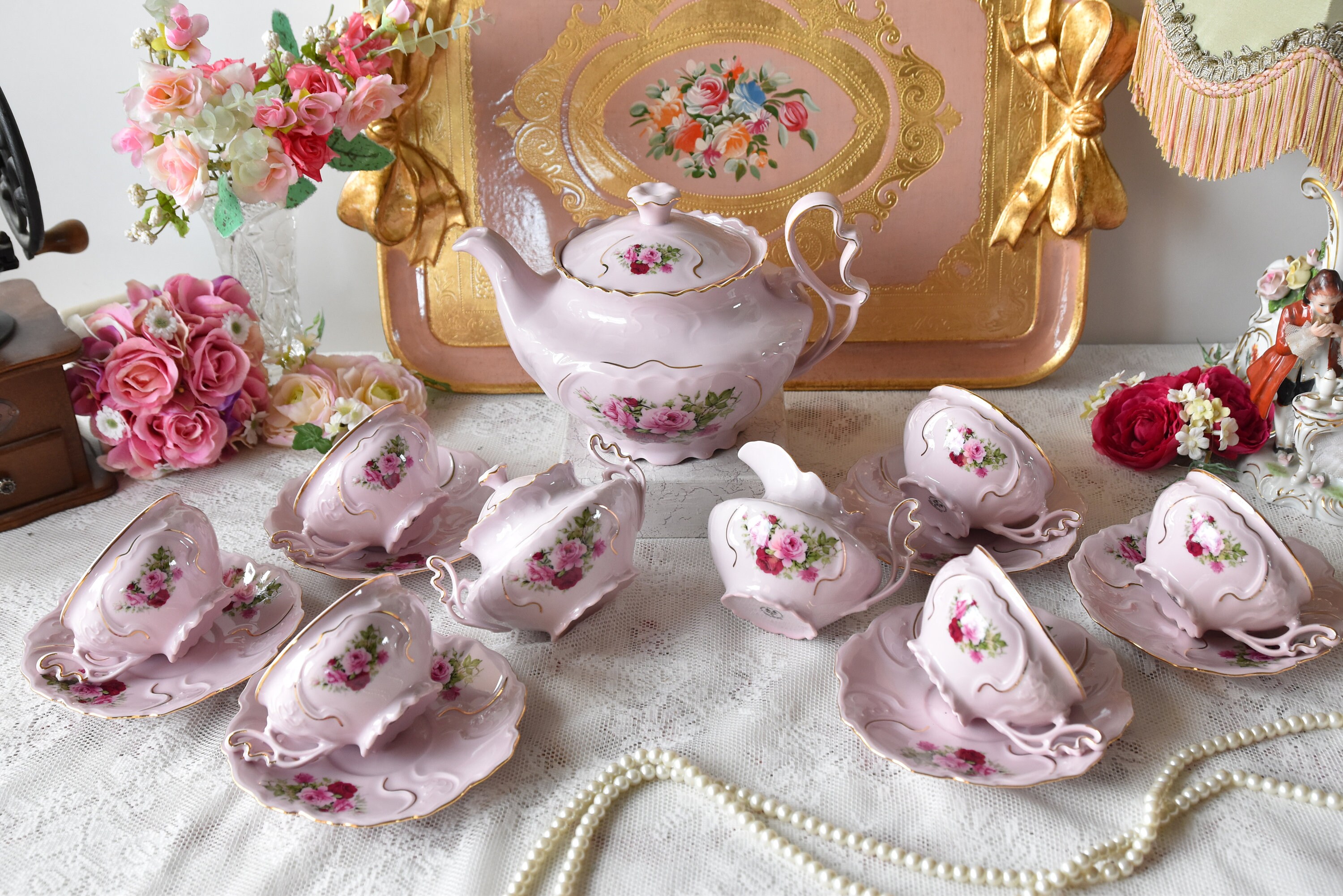 Collectibles China Tea Service Set Pink China Set Vintage | Etsy