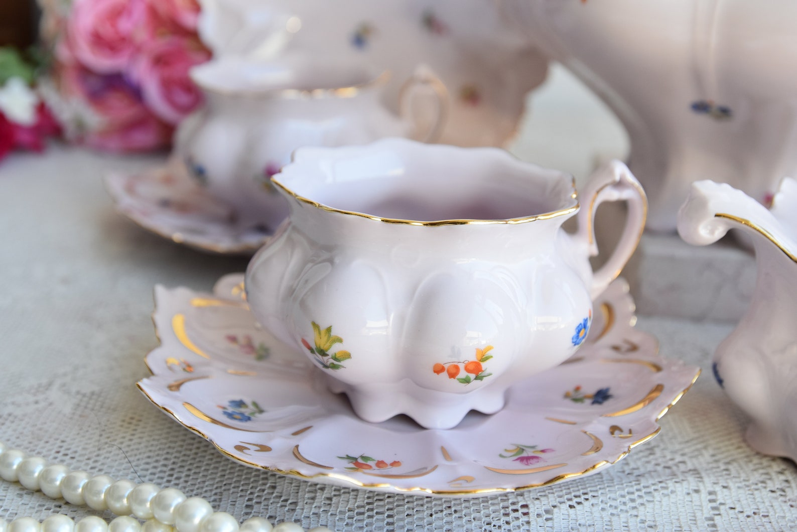 Vintage Pink China Tea Set, Pink Porcelain Tea Set With Tea Pot, Floral ...