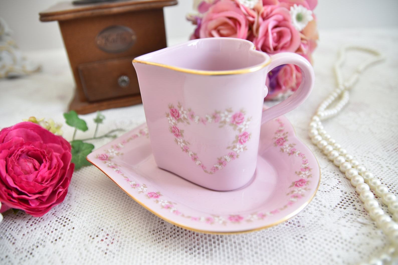 Heart Shaped Vintage Inspired Teacup and Saucer Pink Porcelain by LL - Etsy