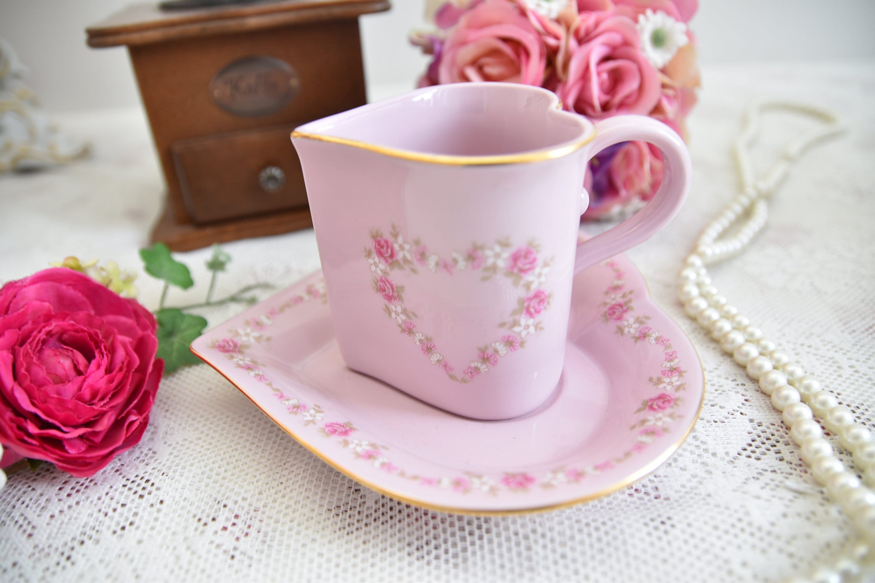 Heart Shaped Vintage Inspired Teacup and Saucer Pink Porcelain by LL - Etsy