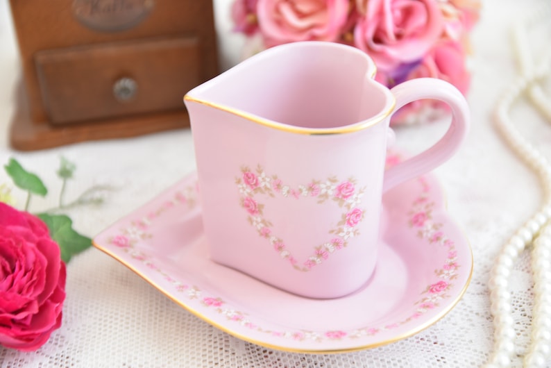 Heart Shaped Vintage Inspired Teacup and Saucer Pink Porcelain by LL - Etsy