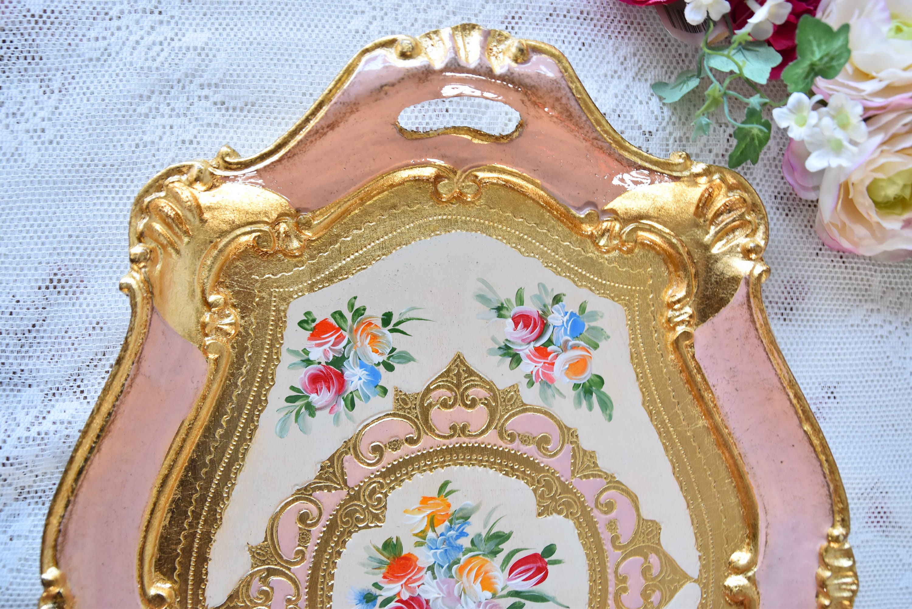 Vintage Pink Tray, Vintage Gold Tray, Ornate Small Tray for Table, Pink ...