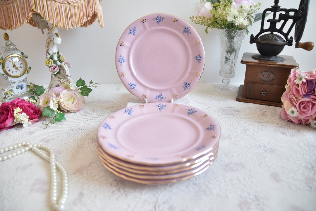Pink Porcelain Plates With Blue Floral Motifs and Gold Accents - Etsy