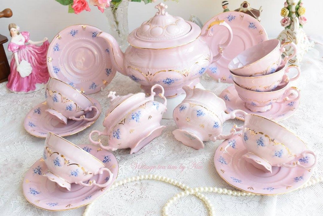 Collectibles Pink Porcelain Coffee Set With Floral and Gold Decorations ...