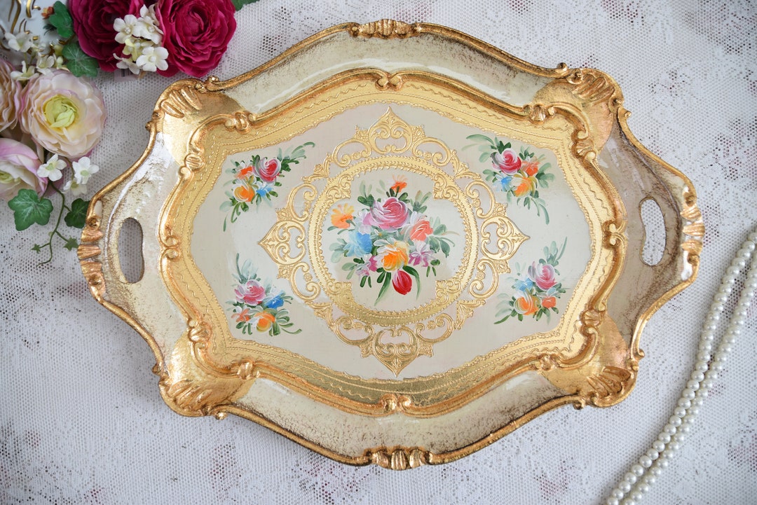 Vintage White Tray, Vintage Gold Tray, Ornate Small Tray for Table ...