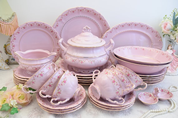 Traditional Pink Porcelain Dinner Set Pink Porcelain by LL for Six With Bouillon Soup Bowls and Saucers Etsy Canada