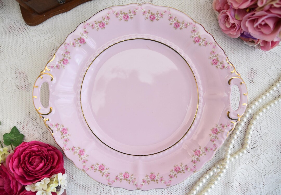 Cake Plate Pink Porcelain With Floral and Gold Decorations - Etsy