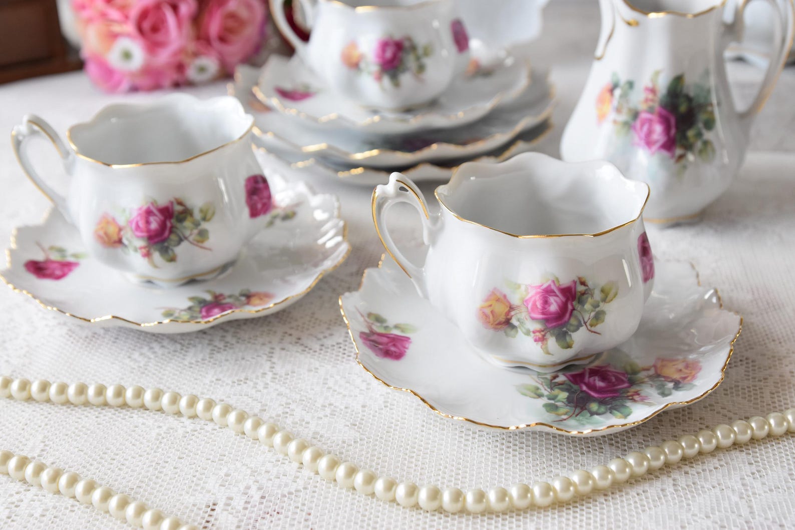 Vintage Tea Set With Roses, Porcelain Tea Set With Tea Pot, Floral Tea ...