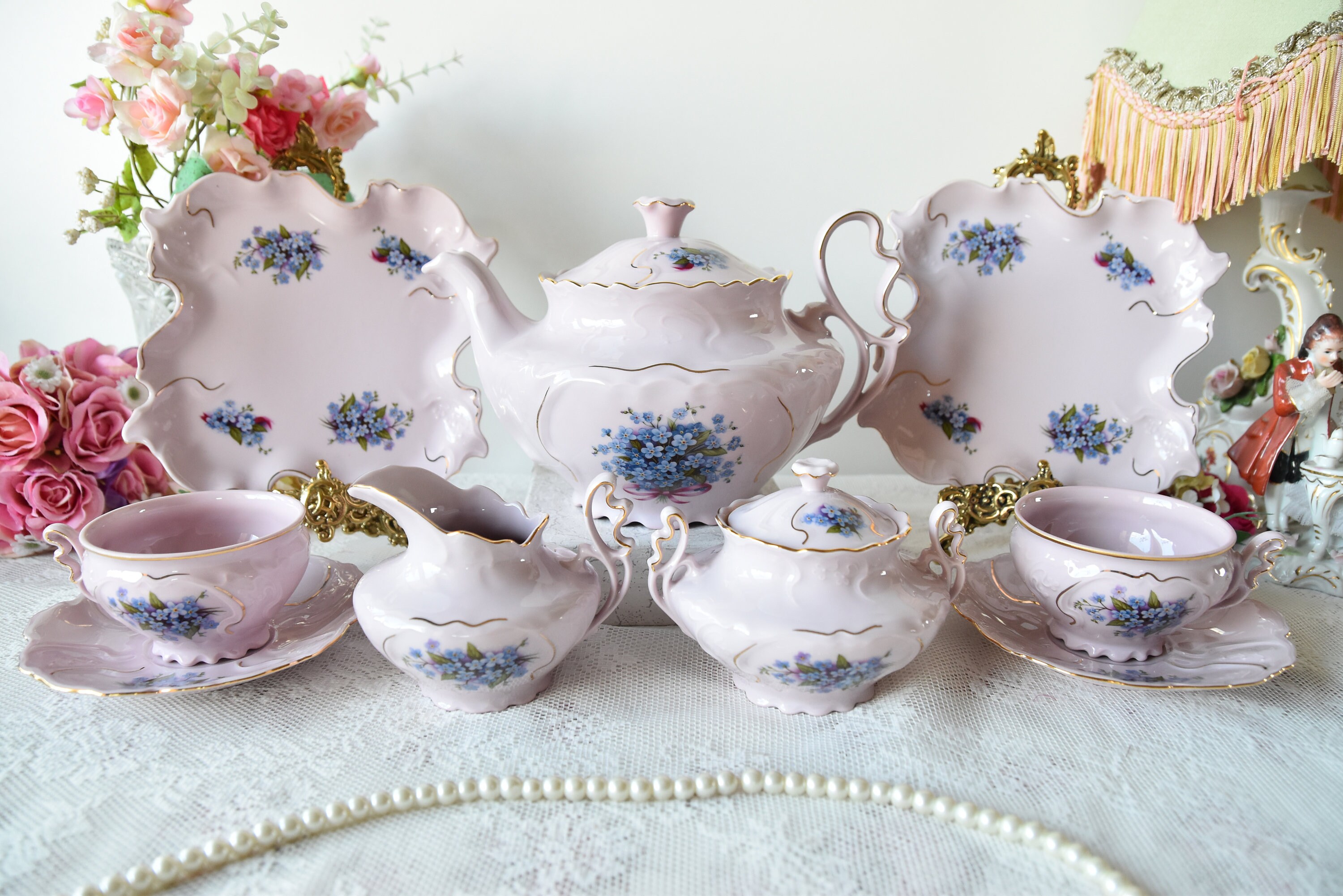 Pink China Set Vintage Pink Tea Pot Set With Roses Porcelain - Etsy