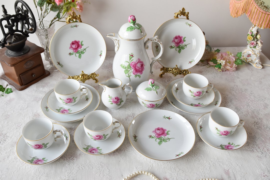 Furstenberg Porcelain Tea Set With Pink Rose Pattern and Gold Trim ...