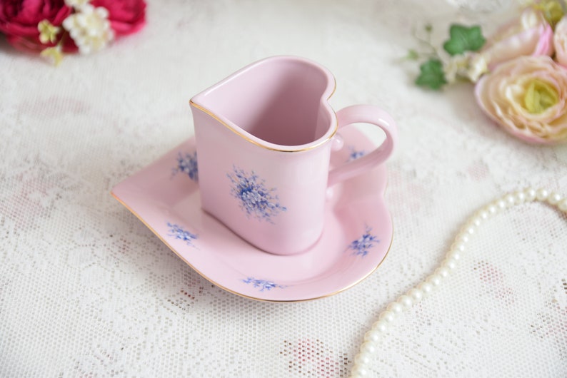 Heart-shaped Pink Cup and Saucer With Blue Floral Design and Gold Trim ...