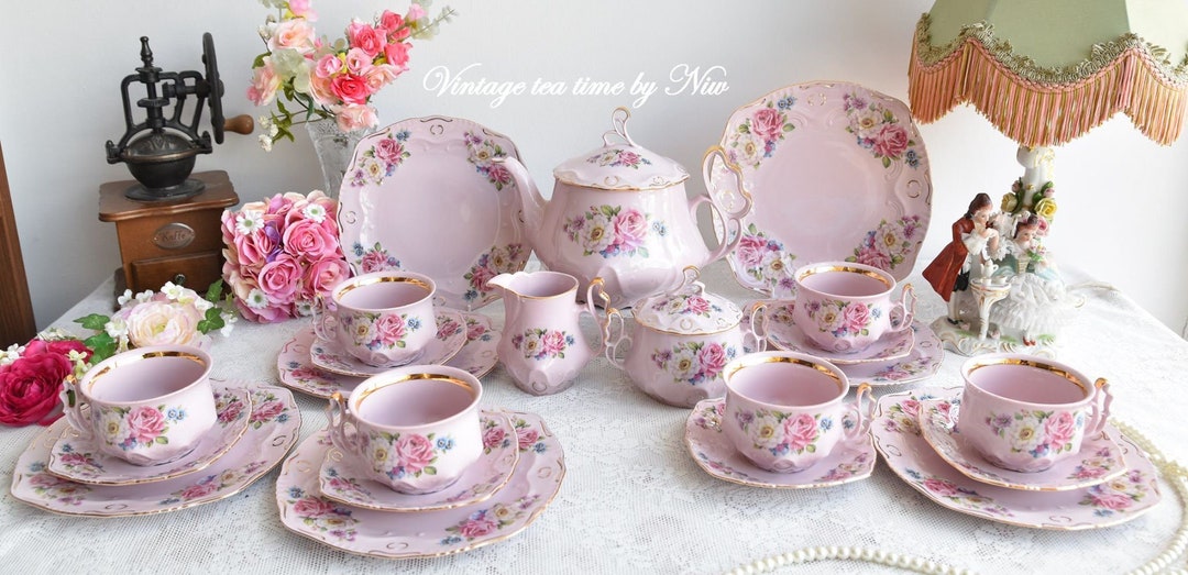 Vintage Tea Set With Roses, Porcelain Tea Set With Tea Pot, Floral Tea ...