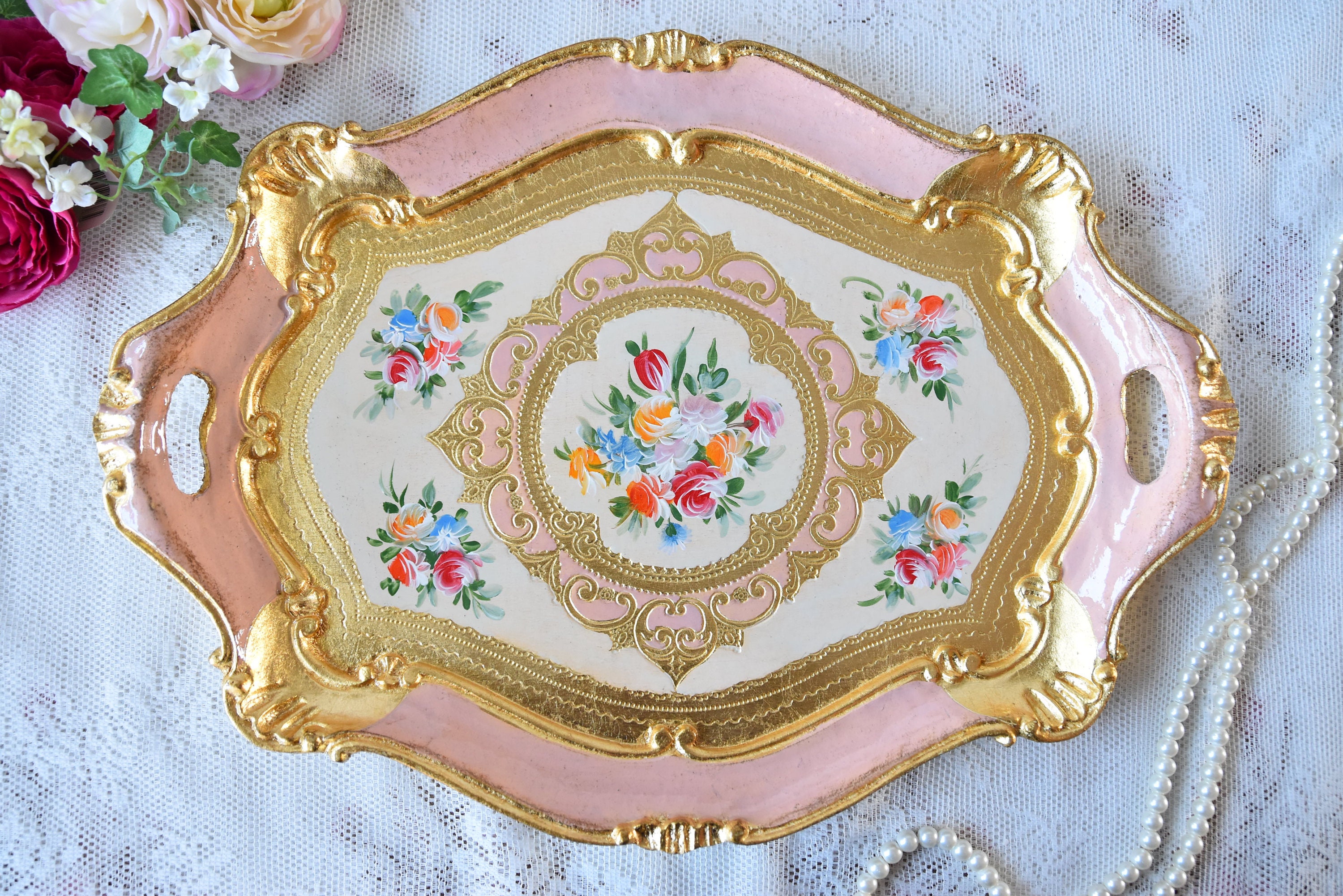 Vintage Pink Tray Vintage Gold Tray Ornate Small Tray for - Etsy