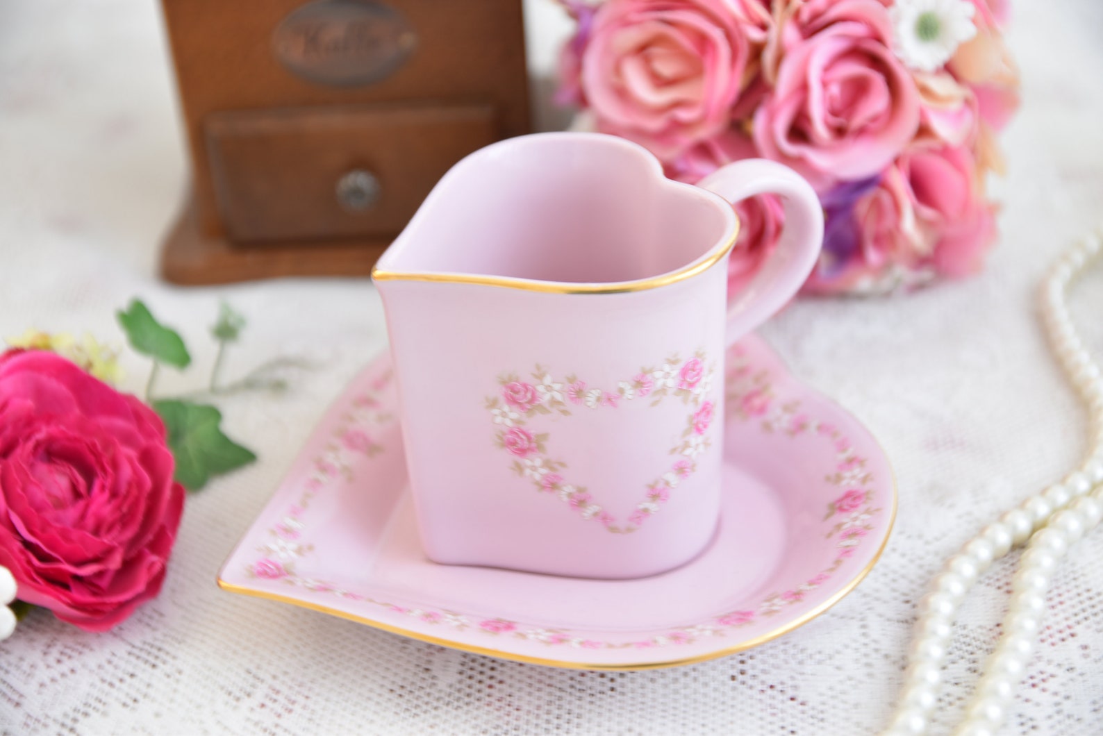 Heart Shaped Vintage Inspired Teacup and Saucer Pink Porcelain by LL - Etsy