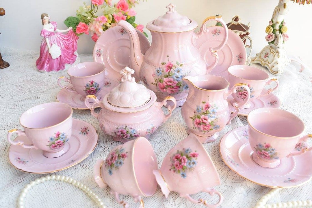 Pink Porcelain Coffee Set With Floral and Gold Decorations - Etsy