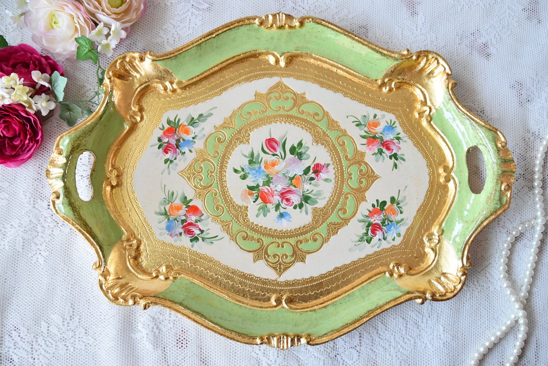 Vintage Green Tray, Vintage Gold Tray, Ornate Small Tray for Table ...