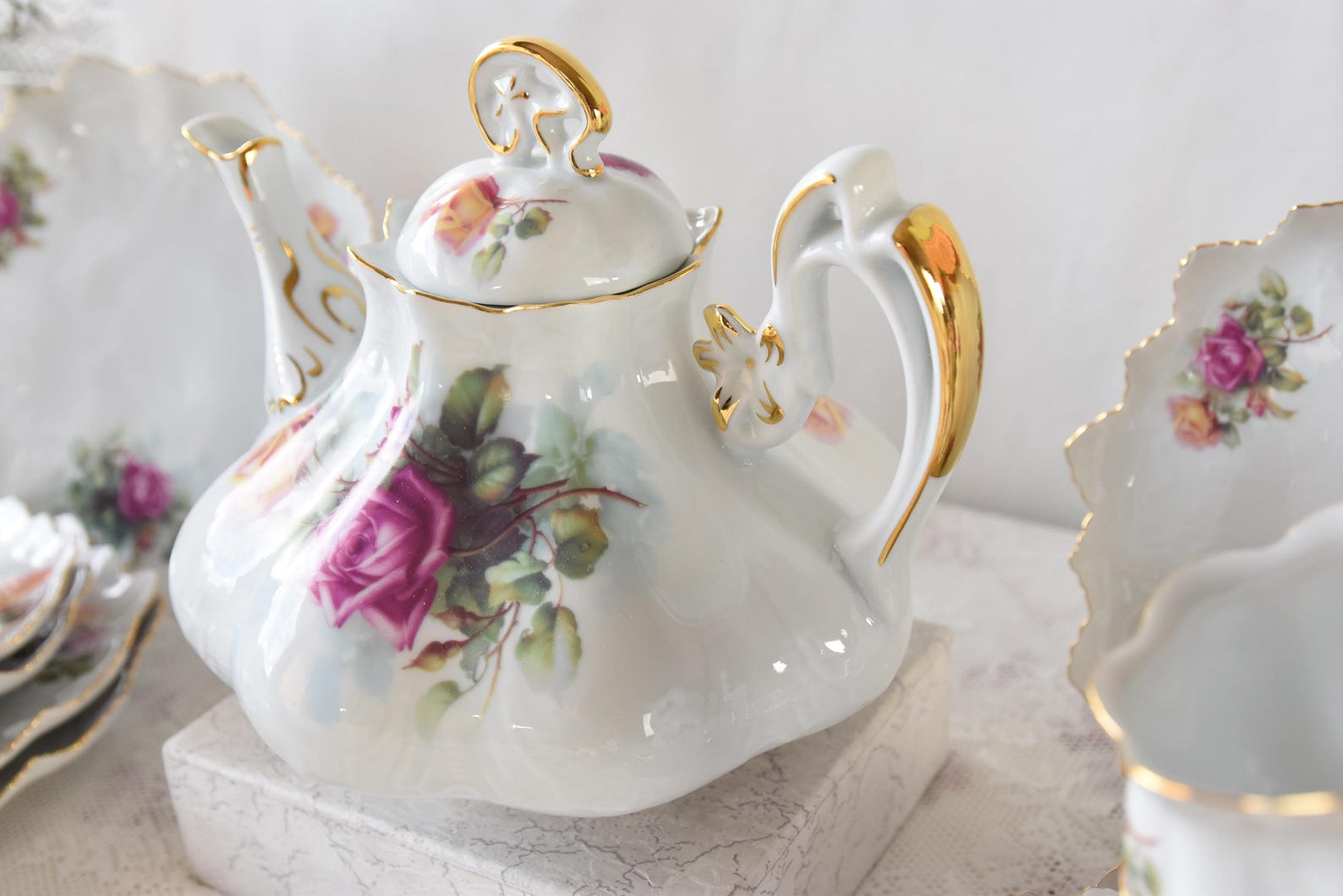 Vintage Tea Set With Roses, Porcelain Tea Set With Tea Pot, Floral Tea ...
