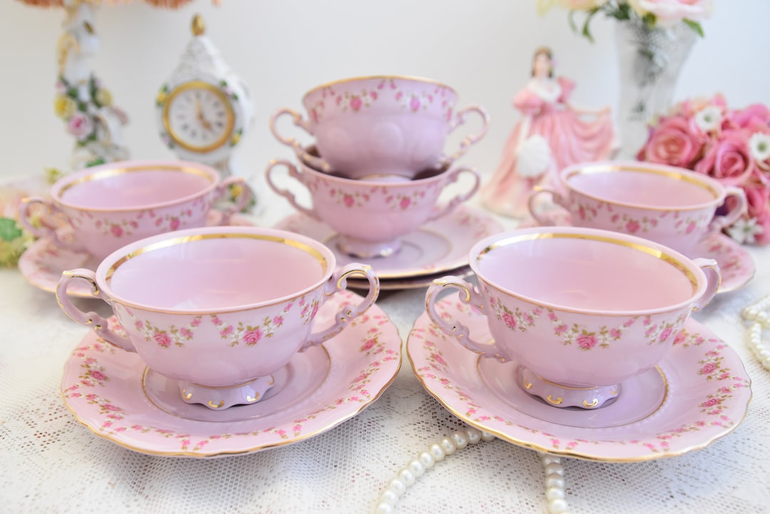 Pink Porcelain Bouillon Soup Bowls and Saucers Set for Six by LL - Etsy