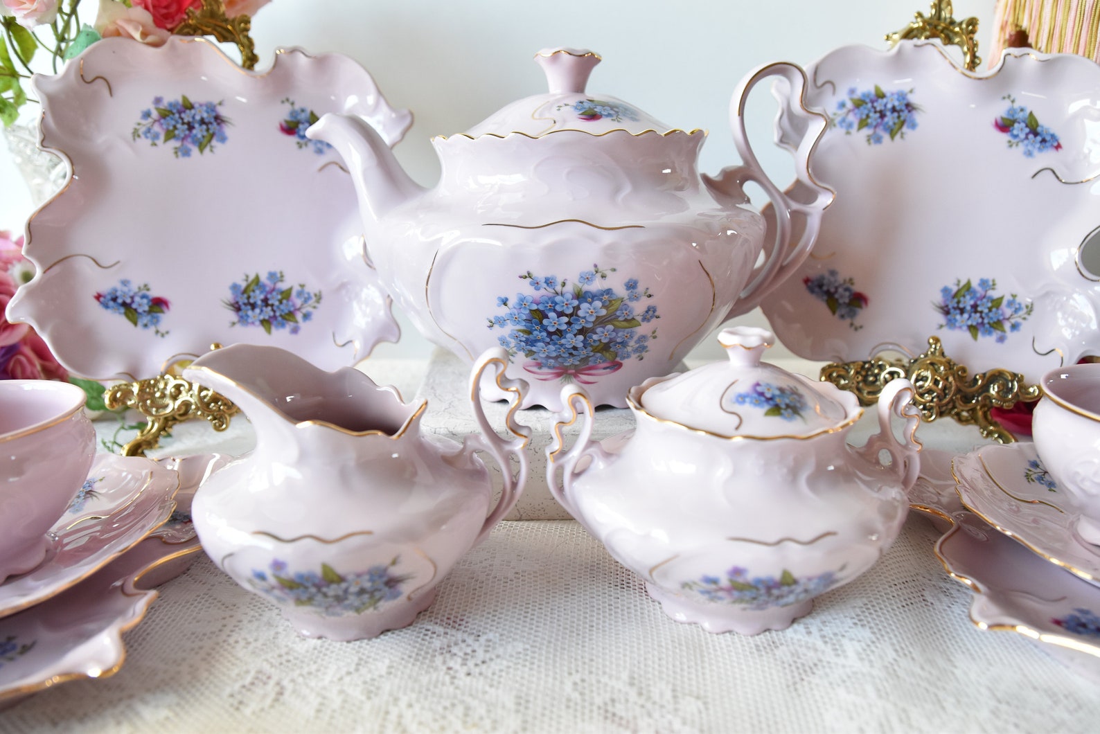 Pink China Set Vintage Pink Tea Pot Set With Roses Porcelain - Etsy