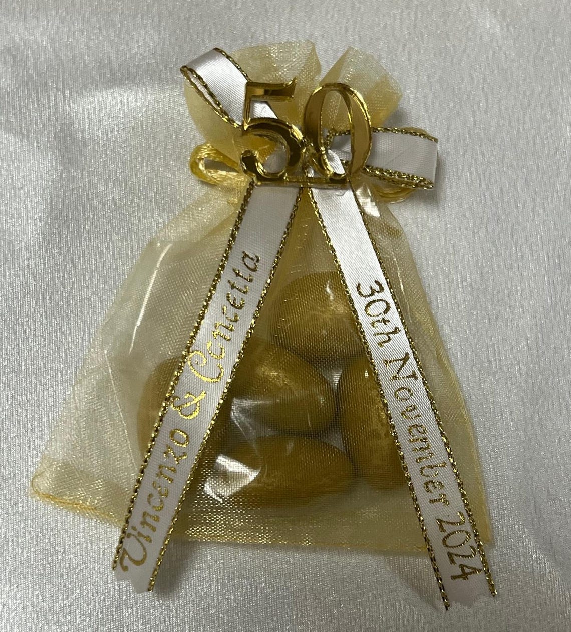 50th Anniversary Favors: Gold Jordan Almonds, Personalized Ribbon (set ...