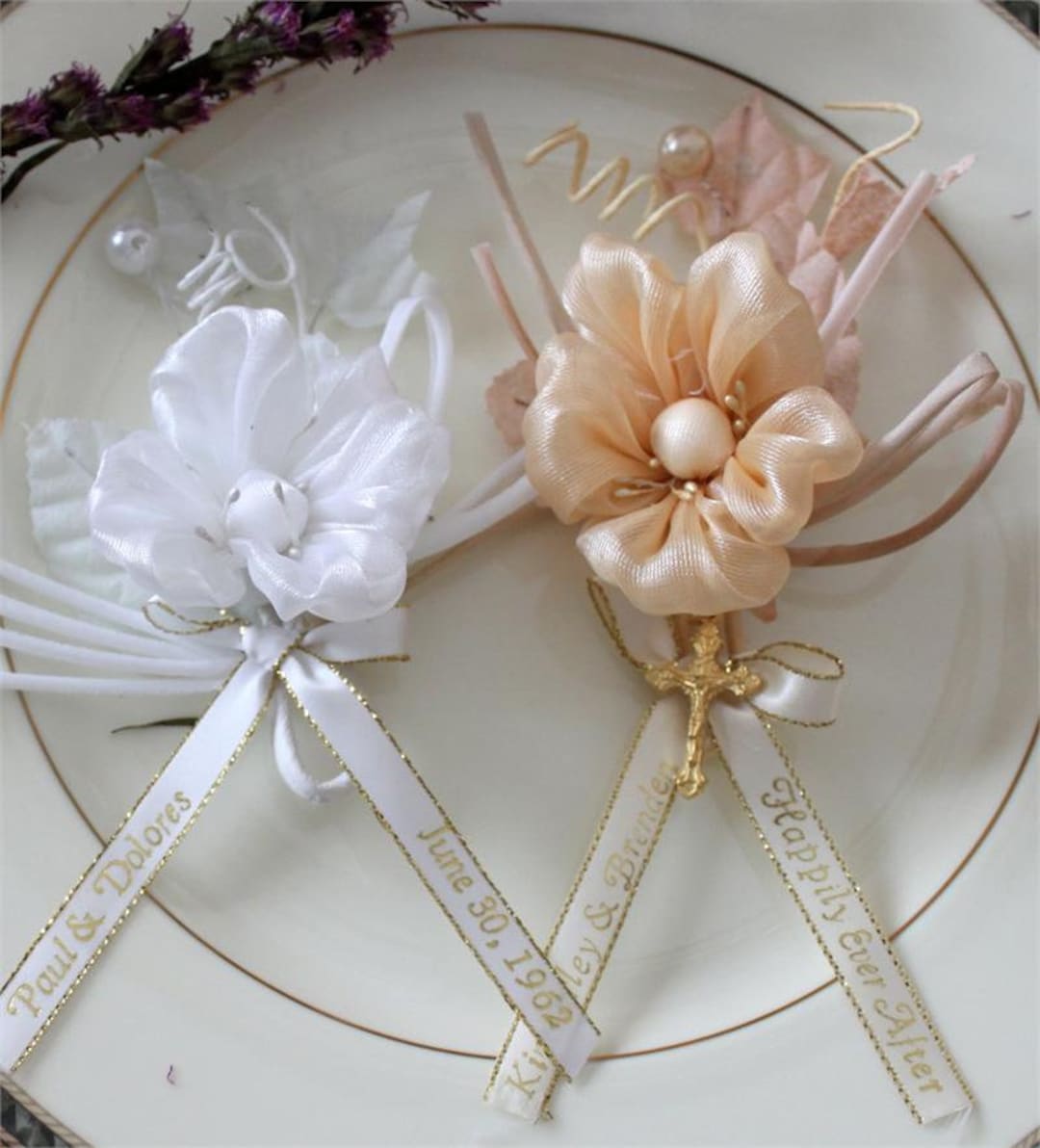 Personalized Corsage / Capias Flower Bouquet With Ribbon, Charm & Pin ...