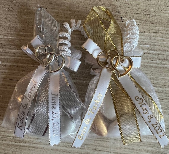 Organza Bag w Jordan Almonds Personalized Ribbons Double Heart Unique Wedding Favors Gold or Silver