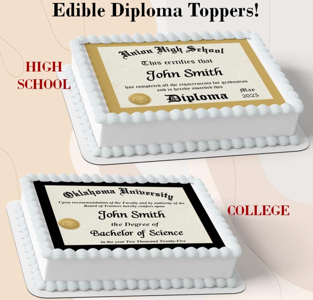 Custom Diploma Edible Toppers. Edible High School Diploma. Edible ...