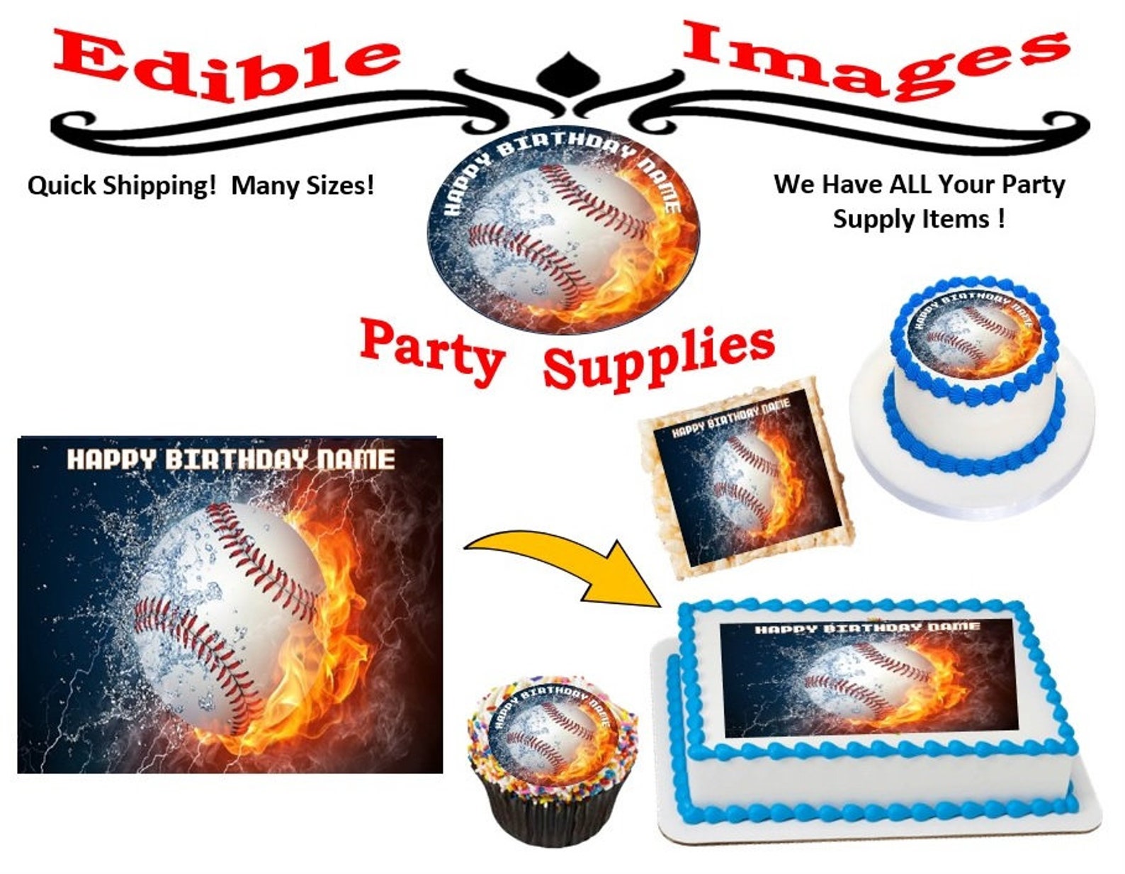 Baseball Fire Water Sports Edible Cake Topper Image Baseball - Etsy
