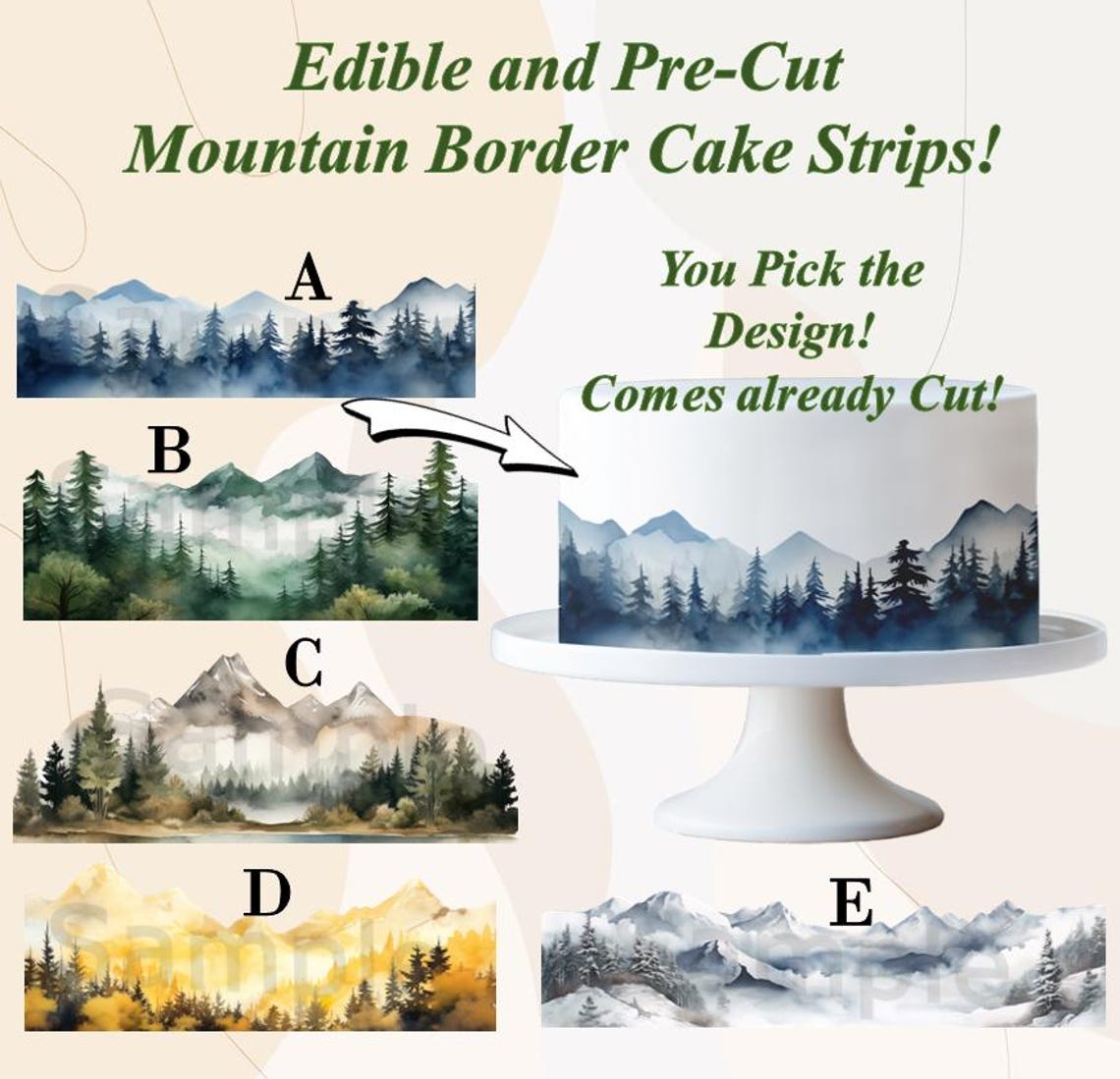 Edible Mountain Border Cake Wraps Strips. Mountain Landscape Border ...