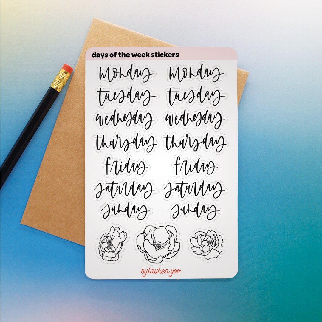 Days of the Week Floral Calligraphy Clear Stickers for Bullet Journal ...