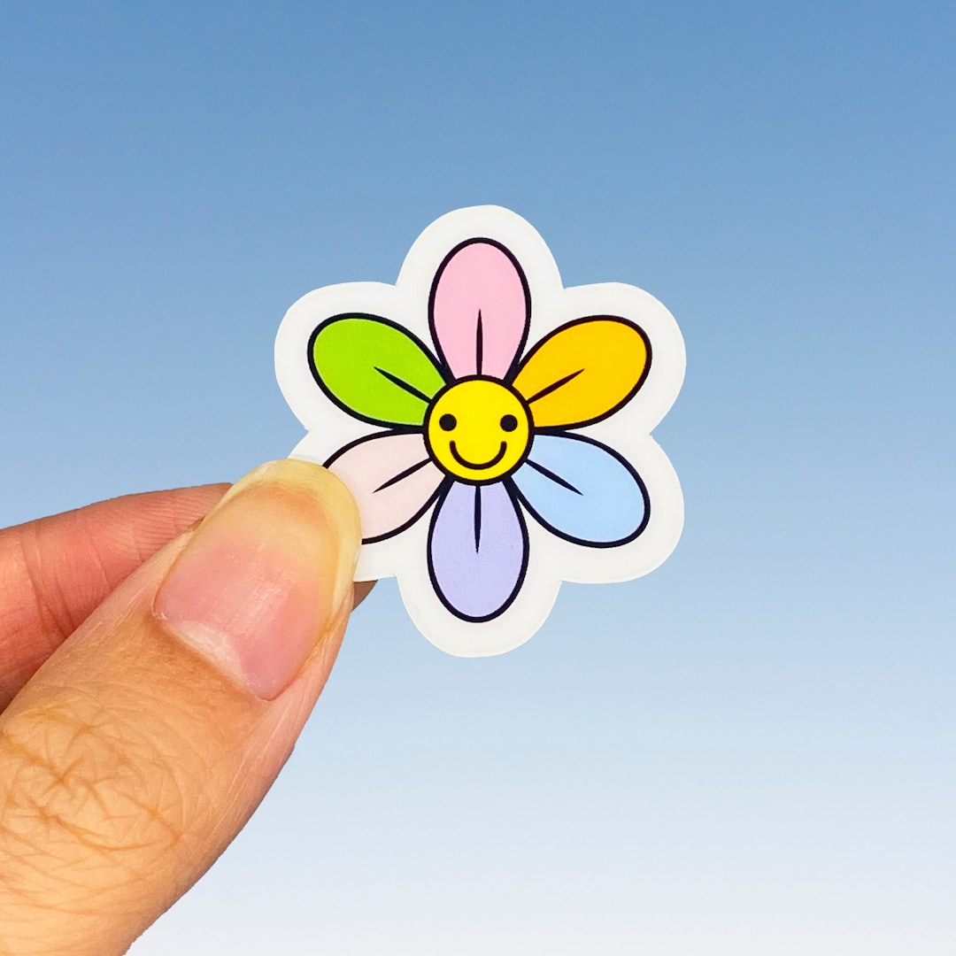 Mini Rainbow Flower Sticker, Smiling Flower Sticker, Glossy Vinyl ...