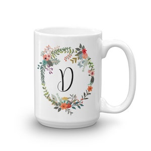 Letter D Monogram Mug / Floral Wreath Coffee Tea Mug / Monogram ...