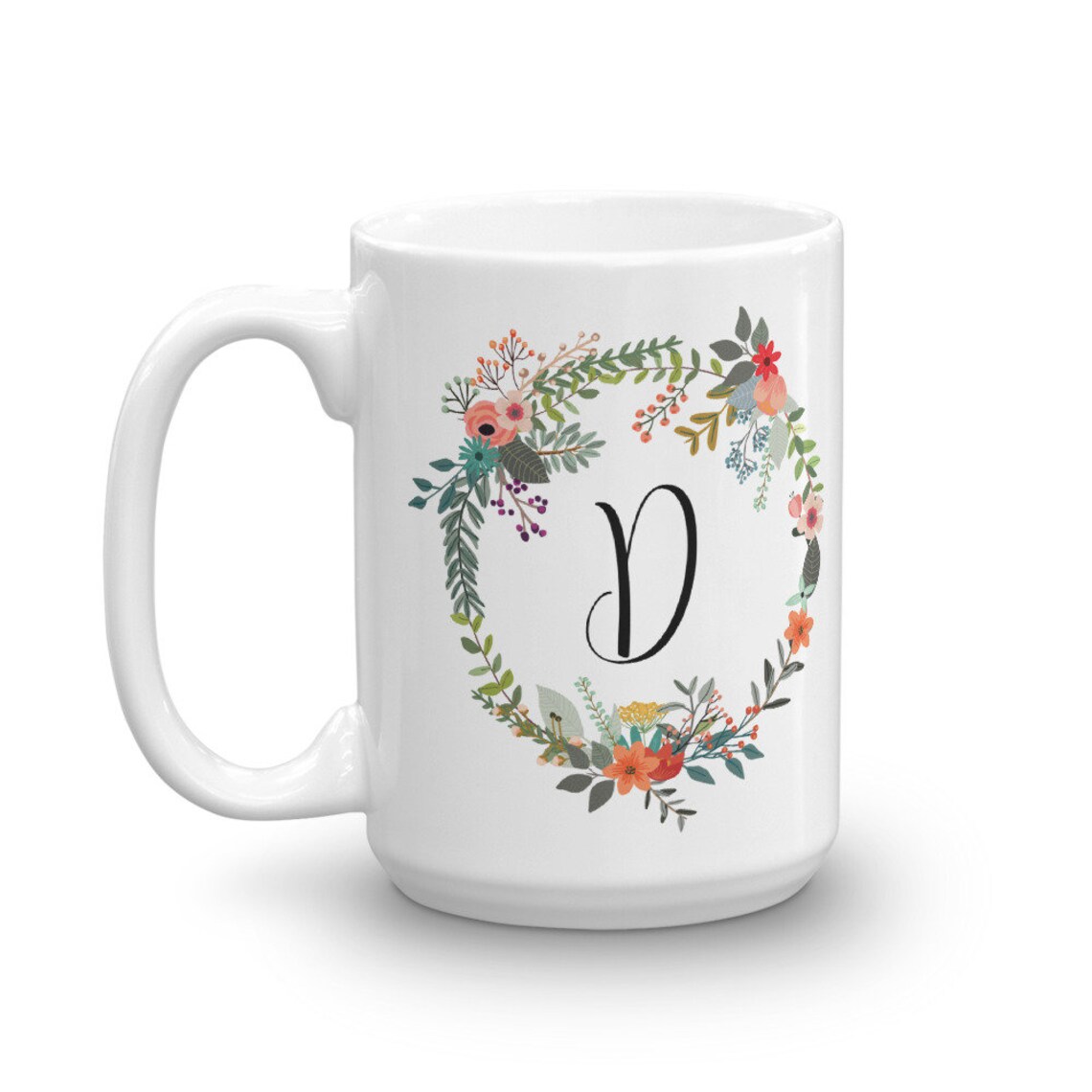 Letter D Monogram Mug / Floral Wreath Coffee Tea Mug / Monogram ...