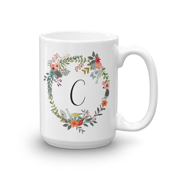 Letter C Monogram Mug / Floral Wreath Coffee Tea Mug / | Etsy