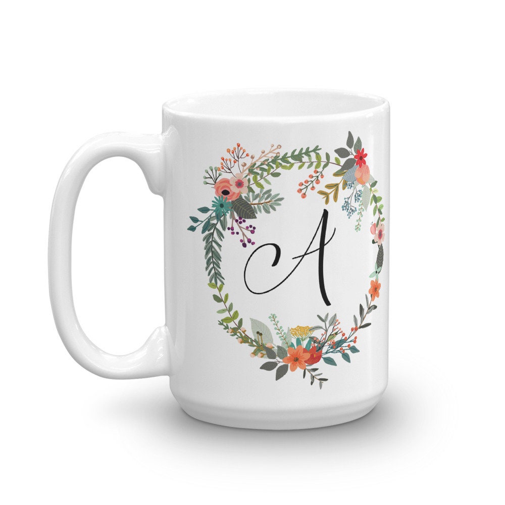 Letter A Monogram Mug / Floral Wreath Coffee Tea Mug / Monogram ...