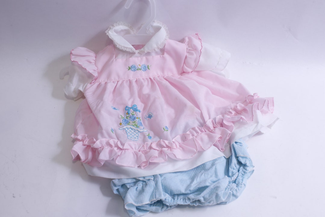 Little Girl's Pink Dress With Blue Bloomers, Back Buttons, White Collar ...