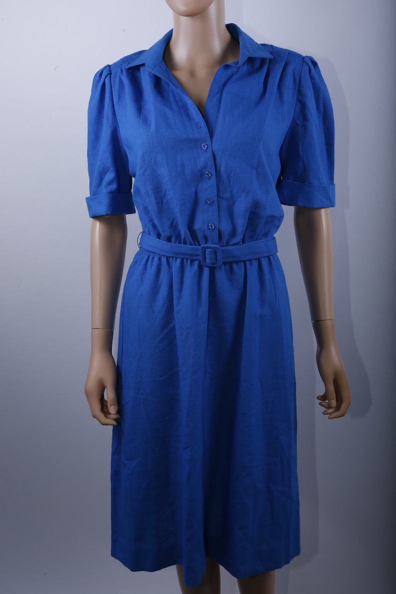 Blue, Dress, Short Sleeves, Open Collar, Belt, Buttons, Leslie Fay ...