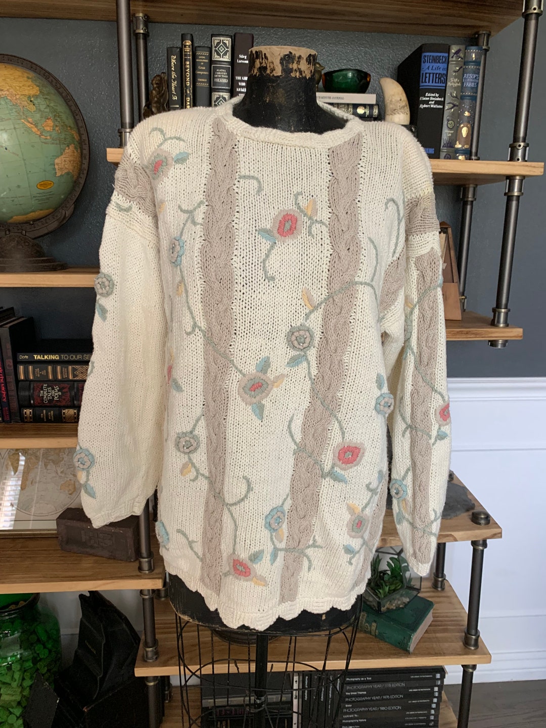 White, Cottagecore, Sweater, by Yarnworks, Handknit, Pastel Flowers ...