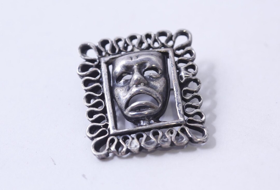 Ancient Greek Theatre Mask Brooch, Sad Face, Emotion, Framed, Pin ...