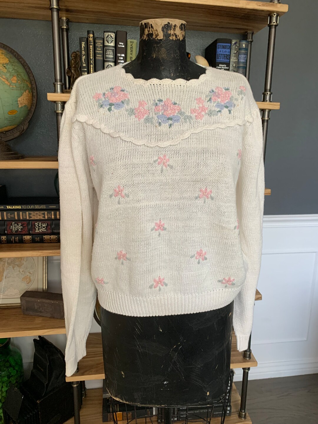 White, Cottagecore, Sweater, by TOI, Pastel Flowers, Knitted, Size L ...