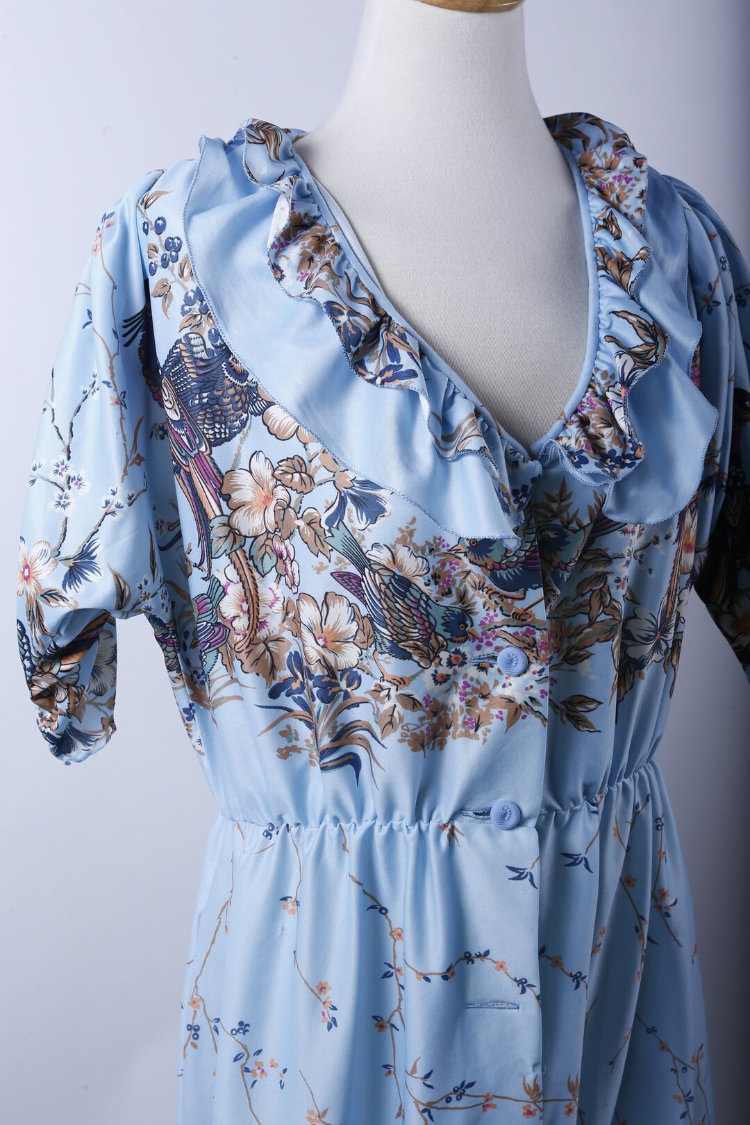 70s, Long Dress, Flowy, Hippie, Blue, Birds, Pheasants, Flowers, Short ...