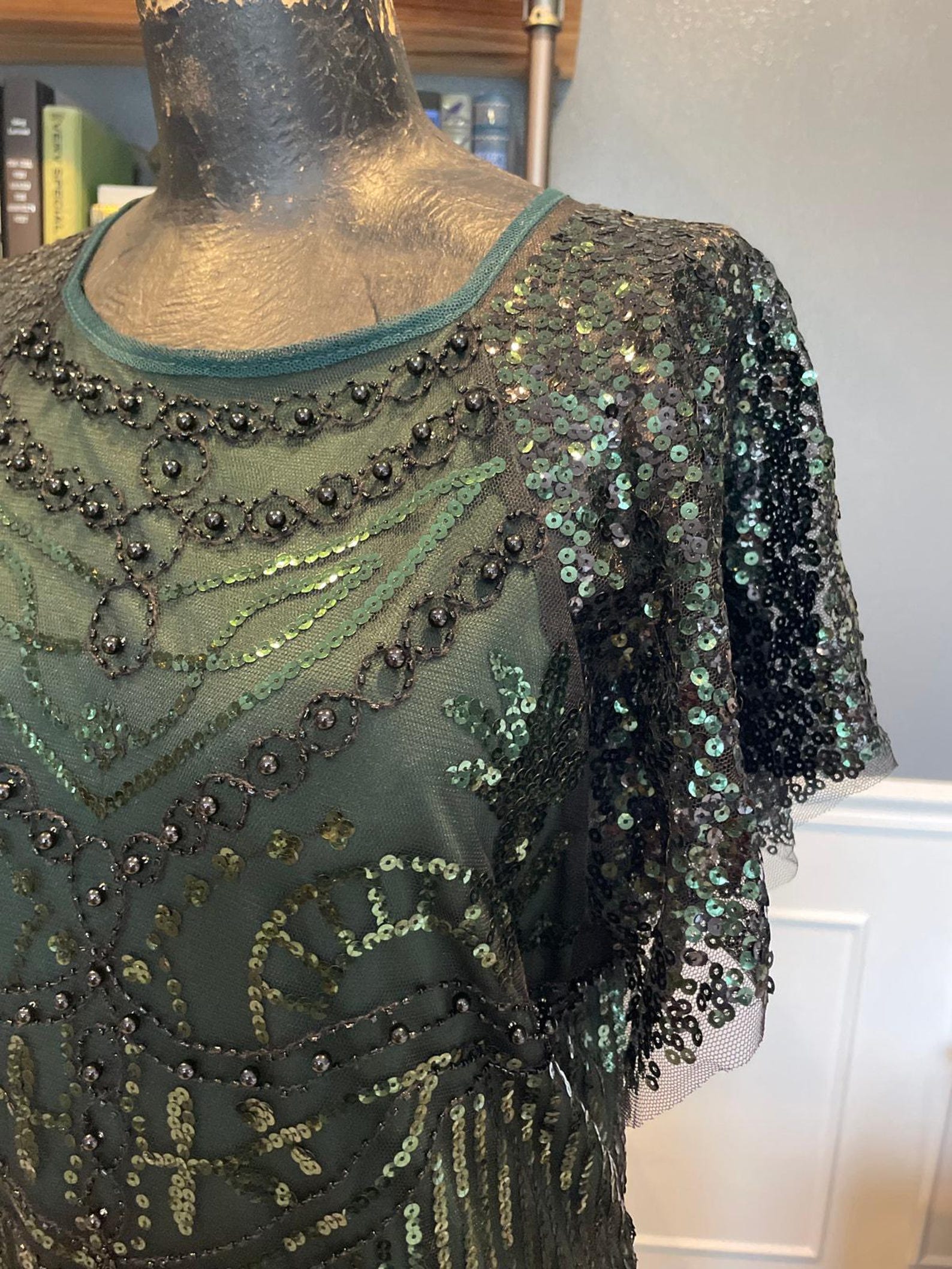 Flapper 1920s Style Dress, Dark Green, Beaded, Sparkling, Glitter ...
