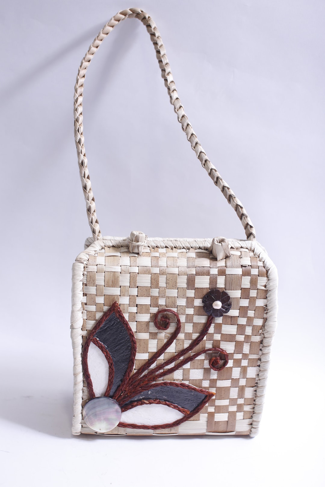 Wicker Purse With Large Flower Pattern, Handbag, Top Handle, Button ...