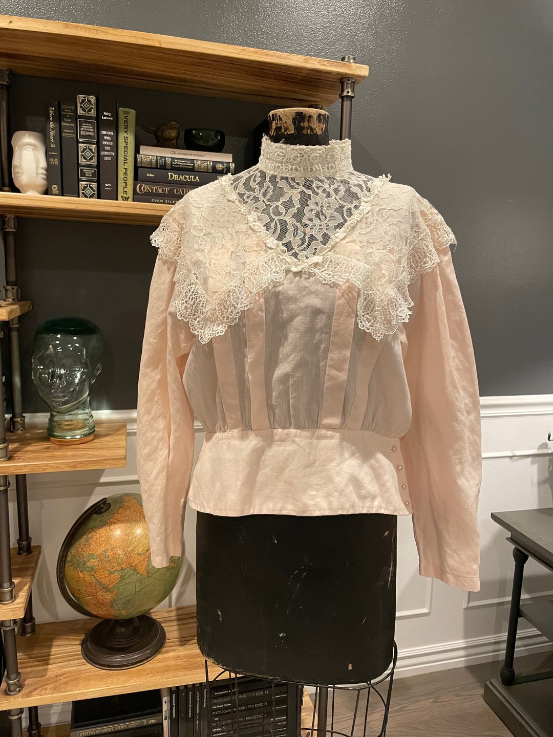 80s Pink-white, Cottage Core Short Blouse, Floral Lace, Turtleneck ...