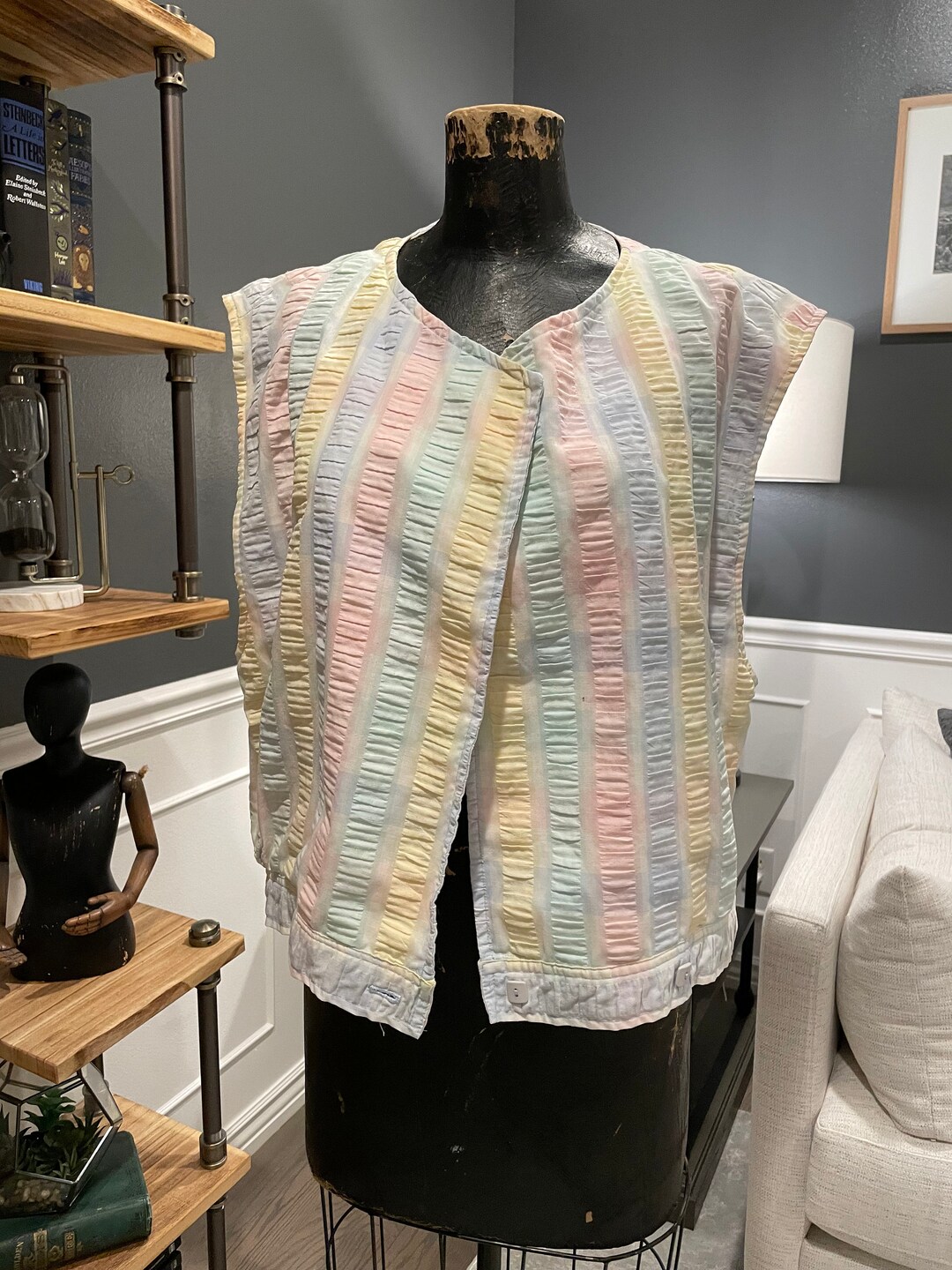 80s Cottage Core Pastel Colors, Striped, Gilet, Vest Coat, Sleeveless ...