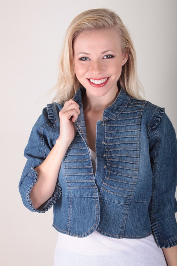 Vintage, Denim Jacket, Ruffles, Snap Fasteners, Blue,… - Gem